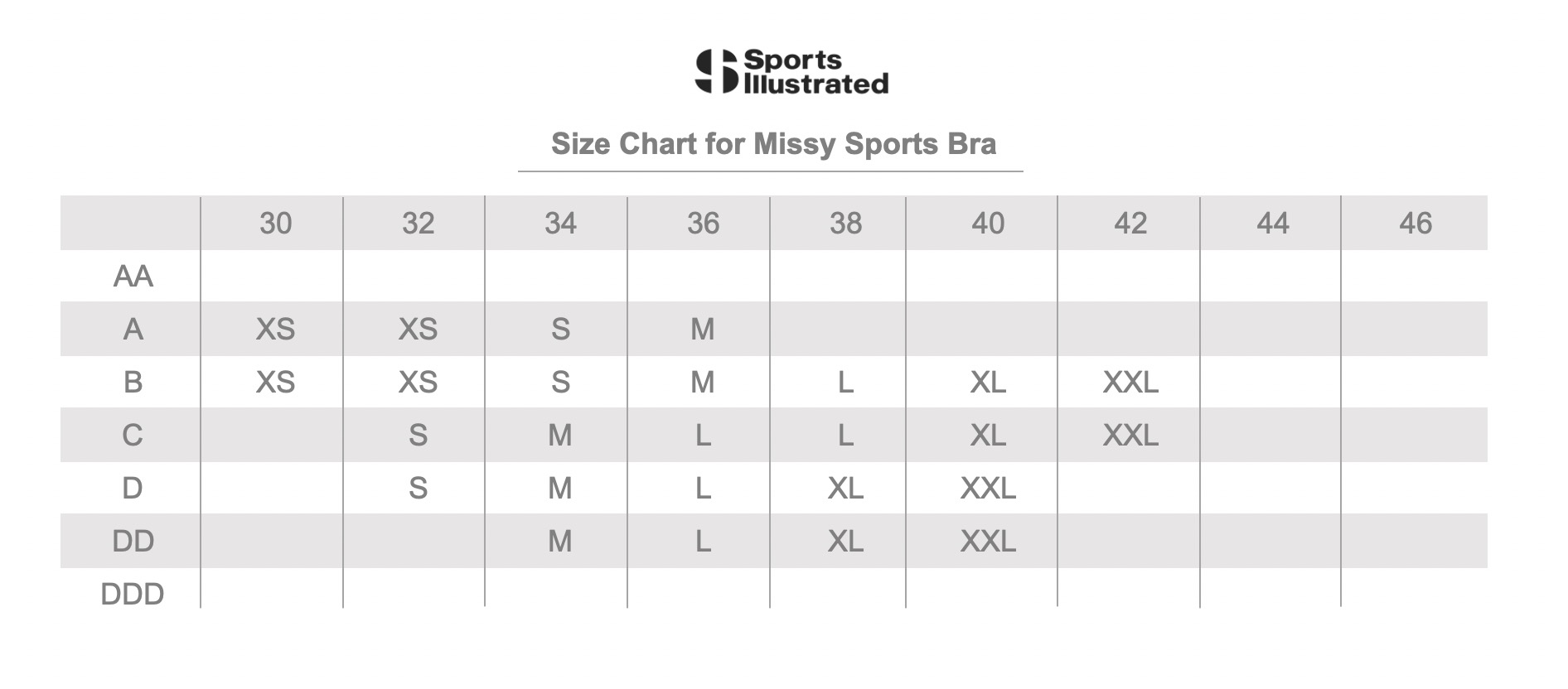 Sports Illustrated Sports Bra Missy Size Chart