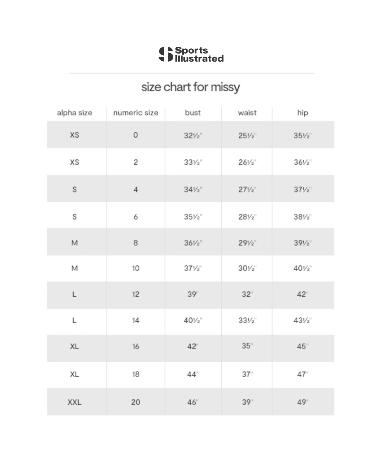 Sports Illustrated Womens Missy Size Chart